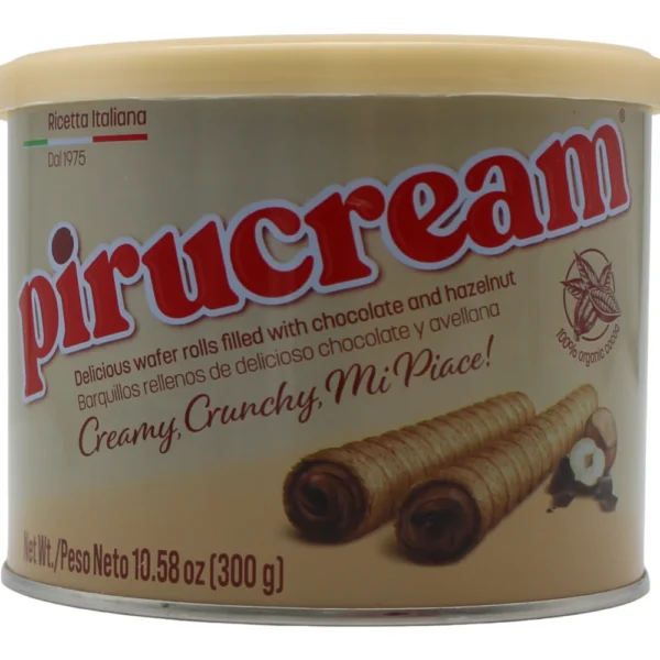 PIRUCREAM Barquillas rellenas de chocolate y avellanas. Lata de 10,58 ...